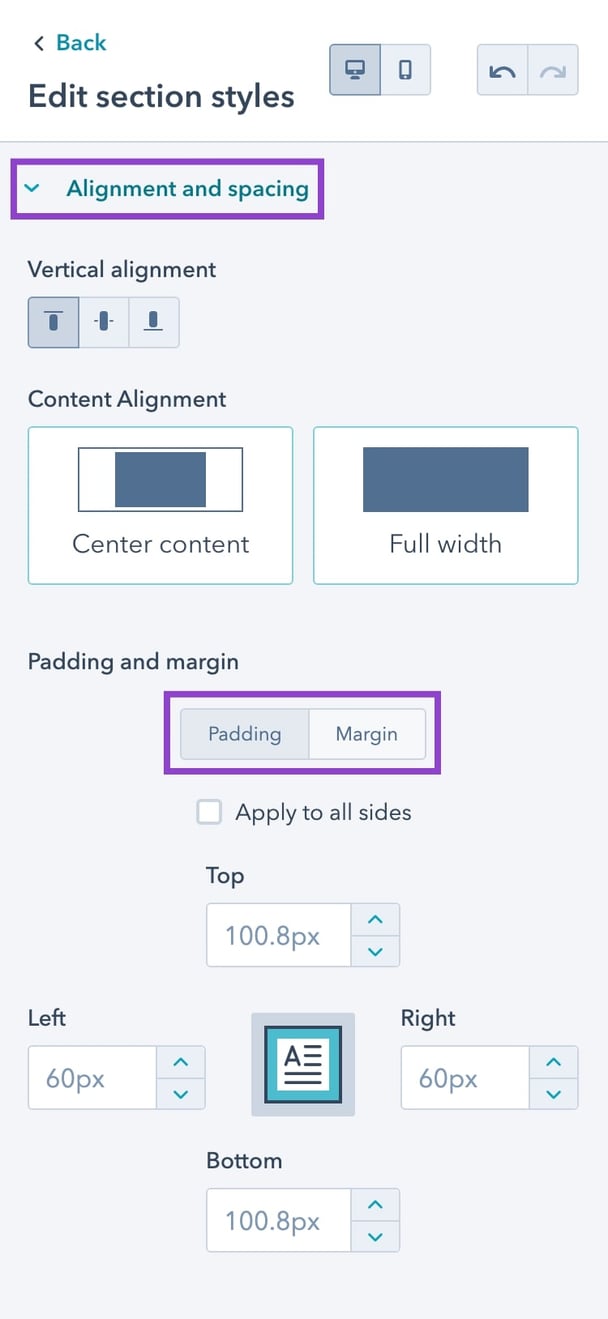 How to adjust HubSpot section's spacing