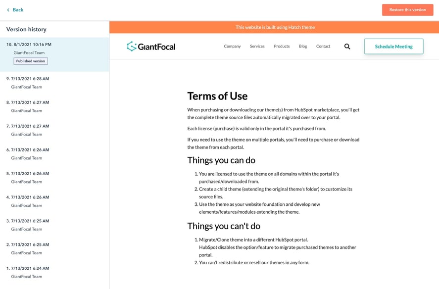 How to use HubSpot version history